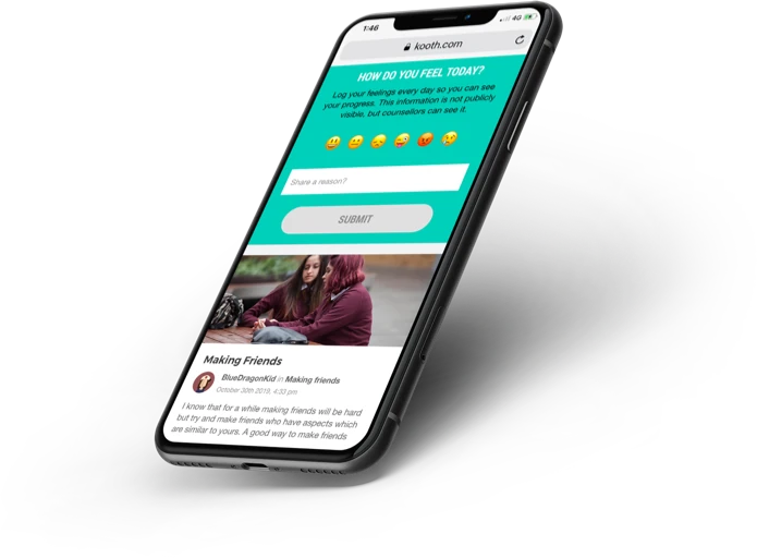Kooth on a mobile phone, showing a journal where you can say how you're ...